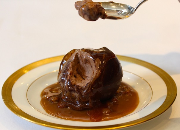 Chocolate Spheres filled with Chocolate Mousse, with Praline Sauce and ...